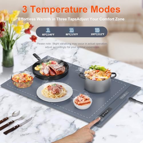 Warming Mat for Food,3 Tempmaster Adjustable Warming Tray Setting Foldable Electric Warming Tray,250W Full-Surface Heat in 10s Food Warming Mat,1.8m Power Plug Warming Tray for Buffets Party (Grey)