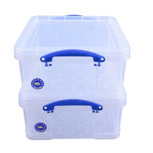 Really Useful Box 18 Liter Plastic Stackable Storage Container w/Snap Lid & Built-In Clip Lock Handles for Home or Office Organization, 2 Pack, Clear