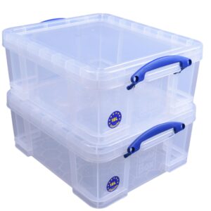 Really Useful Box 18 Liter Plastic Stackable Storage Container w/Snap Lid & Built-In Clip Lock Handles for Home or Office Organization, 2 Pack, Clear