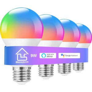 showylive smart light bulb 4 pk, wifi & bluetooth 5.0 smart bulbs that work with alexa & google assistant, a19 rgb, music sync, 9w 850lm cri>80