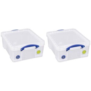 really useful box 18 liter plastic stackable storage container w/snap lid & built-in clip lock handles for home or office organization, 2 pack, clear