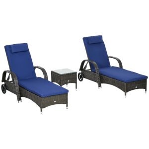 outsunny wicker outdoor chaise lounge set of 2, 5-level adjustable backrest pe rattan pool lounge chair with wheels, cushion & headrest, brown and dark blue