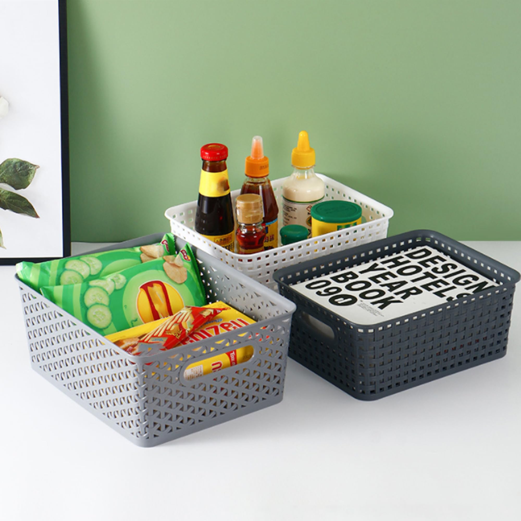 Plastic Storage Baskets 3 Pack, Large Pantry Organization and Storage,Basket Household Organizers,Plastic Baskets with Handles Storage Baskets 13.77"X9.84"X3.74" (Grey Large)