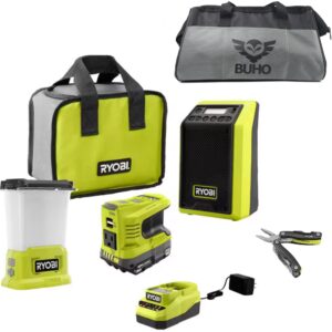 buho cordless 4-tool storm ready accessory bundle - ryobi bluetooth radio area light power inverter multi tool 2.0 ah battery 18 volt charger tool bag