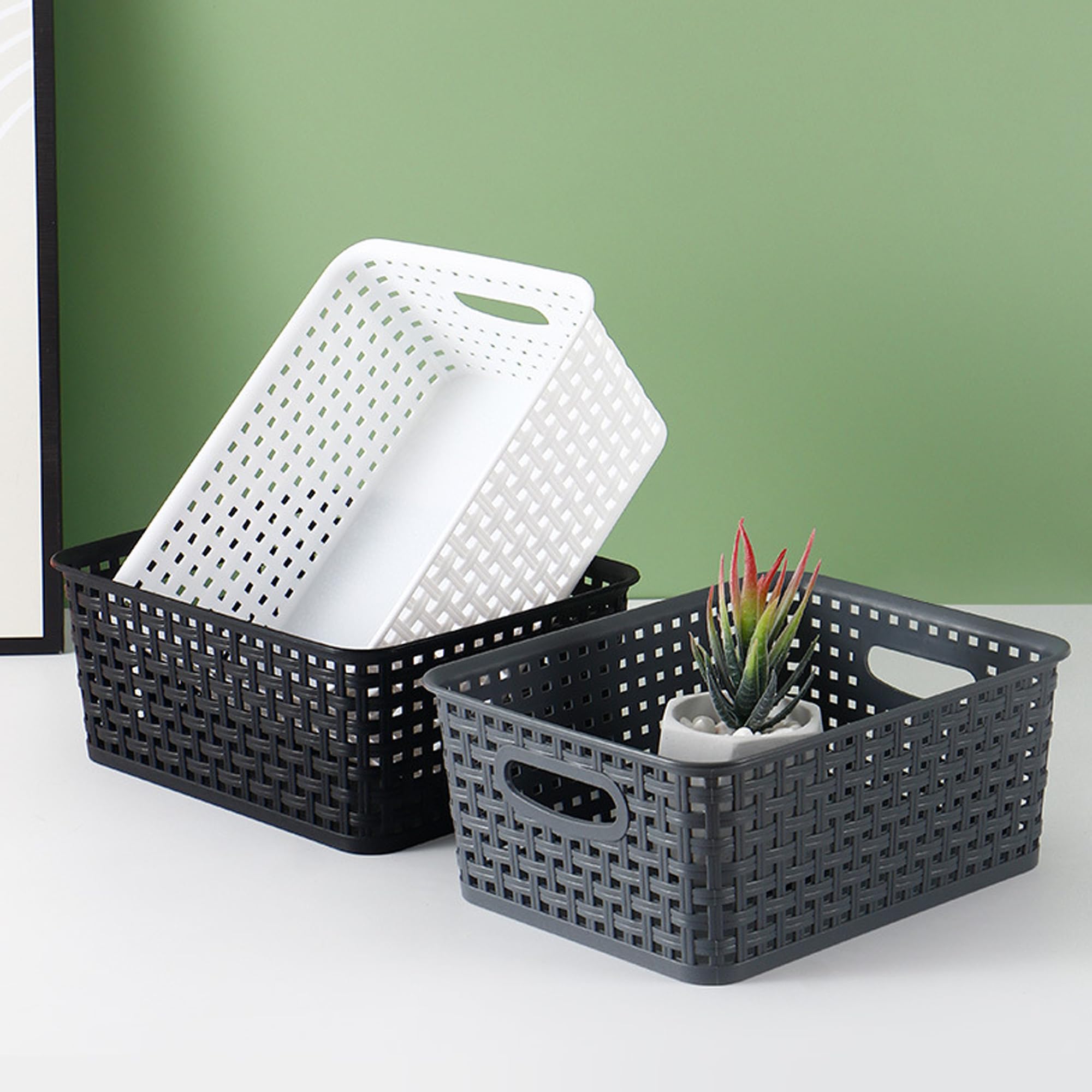 Plastic Storage Baskets 3 Pack, Large Pantry Organization and Storage,Basket Household Organizers,Plastic Baskets with Handles Storage Baskets 13.77"X9.84"X3.74" (Grey Large)