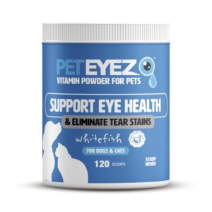 pet eyez vitamin powder for pets - supports eye health & reduces tear stain buildup - 100% natural food topper for dogs & cats with superfoods, antioxidants & nutrients - whitefish flavor - 120 scoops