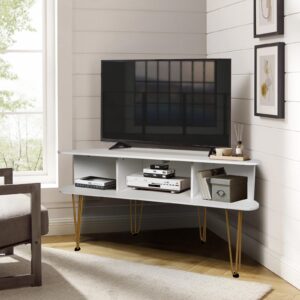 corner tv stand with 3 open divided storage, corner tv console with metal feet and anti-slip pads, corner entertainment stand with cable hole, white