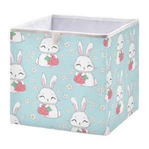 otvee storage baskets for organizing, cute bunny with strawberry decorative storage basket, fabric folding organizer with handles for closet toys clothes home nursery