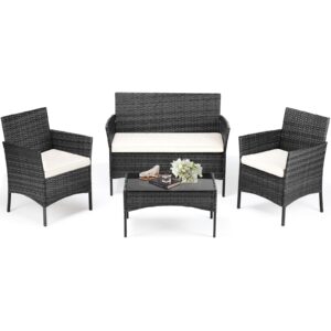 dumos patio furniture set 4 pieces, outdoor wicker furniture with coffee table, modern rattan patio chairs conversation sets with sofa for garden, terrace, porch, balconies, lawns (black and beige)