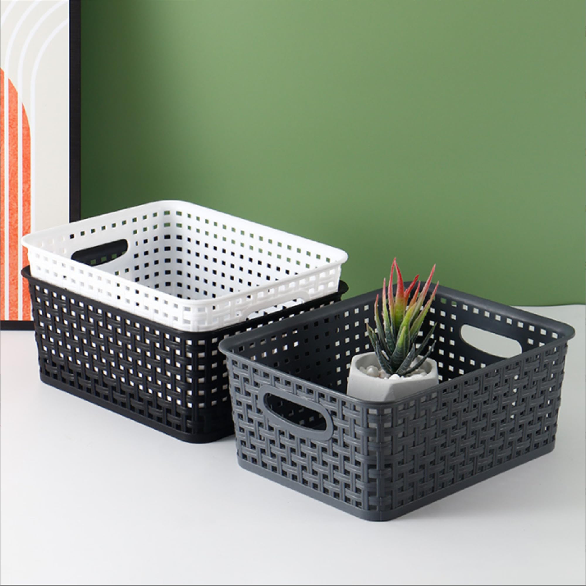 Plastic Storage Baskets 3 Pack, Large Pantry Organization and Storage,Basket Household Organizers,Plastic Baskets with Handles Storage Baskets 13.77"X9.84"X3.74" (Grey Large)