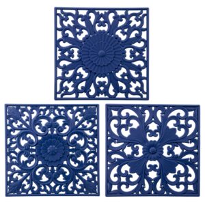 kalsreui silicone trivets for hot dishes, square trivet hot pads for kitchen counter, trivet mat for hot pots and pans, heat resistant mat for quartzs, kitchen tabletops pot holder set 3 navy blue