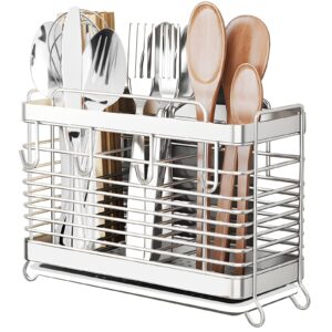 iwntwy utensil holder, stainless steel utensil drying rack with drain tray, kitchen counter drainer basket silverware cutlery flatware holder forks, knives, spoons, chopsticks organizer (silver)