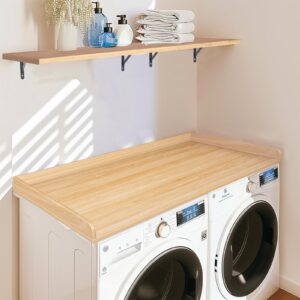 display riser washer dryer countertop, laundry room countertop with storage shelf, wood washer and dryer countertop, burlywood