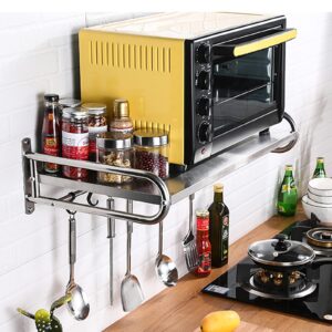 ilworktls wall mounted microwave oven rack,stainless steel kitchen shelf with 6 hook for kitchen,restaurant,silver