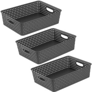 plastic storage baskets 3 pack, large pantry organization and storage,basket household organizers,plastic baskets with handles storage baskets 13.77"x9.84"x3.74" (grey large)