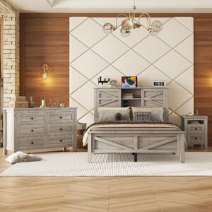 softsea farmhouse bedroom set, full size platform bed with storage headboard, nightstand and dresser, wood bedroom furniture set, 3 piece full bedroom set, gray