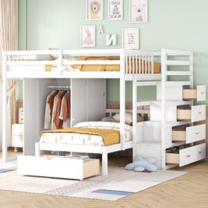 harper & bright designs full over twin bunk bed with stairs & wardrobe, wood bunk bed with storage drawers, kids bunk bed full over twin size for bedroom,no box spring needed(white)