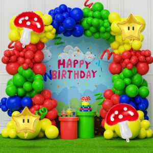 duile 156pcs red blue green yellow balloon garland kit mushroom star balloons for cartoon video game theme super bros birthday game birthday party supplies