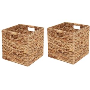 wicker storage basket water hyacinth woven basket wicker storage cubes,foldable baskets for shelves,handwoven laundry totes for bedroom,12x12x12inch,set of 2