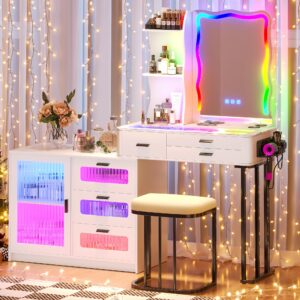 mdgc rgb makeup vanity desk with wireless charging station,7 dynamic and 7 static dimmable vanity table with glass desktop,vanity mirror with lights desk&chair,8 drawers,stool