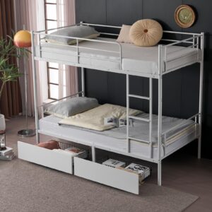 imseigo twin-over-twin bunk bed with metal frame and ladder, detachable bunk bedframe for kids, teens & adults with two storage drawers & guardrail, no box spring needed (white, 2 drawers)