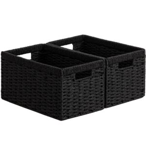 joybest black wicker storage baskets, rectangular wicker baskets with built-in handles,paper rope baskets for organizing 2 pack, 13.4l x 8.3w x 7.1h