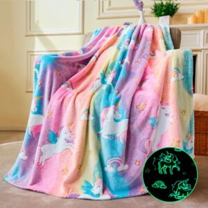 joiedomi glow in the dark blanket - unicorns gifts for girls age 2 3 4 5 6 7 8 9 10 11 12 year old - soft cozy flannel kids throw blanket - birthday bedroom decor 50"×60"