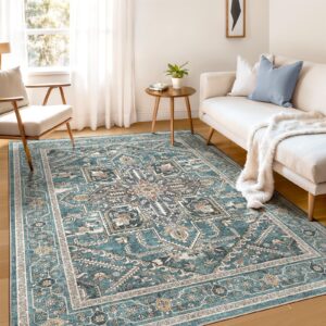 witshock boho area rugs machine washable for living room bedroom, large 5x7 vintage non-slip stain resistant floor carpet indoor for kitchen dining room office home decor, dull teal