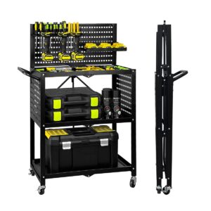 lumizone 3-tier foldable rolling tool cart with wheels, utility cart with pegboard for garage organizer and tool storage, power tool storage cart on wheels (tool cart)