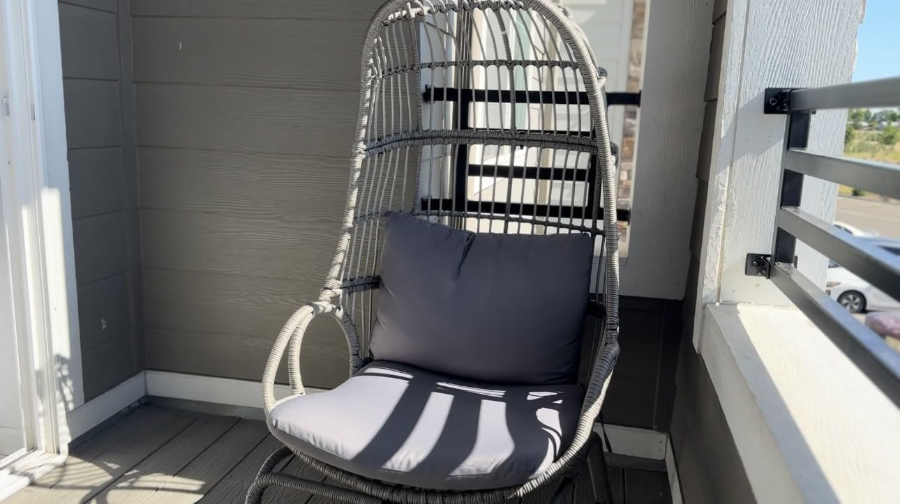 YITAHOME Outdoor Narrow Egg Chair Wicker, Patio Rattan Basket Chair with 370lbs Capacity Indoor Egg Chairs with Stand & Cushion Cocoon Chair for Bedroom, Patio, Balcony - Grey