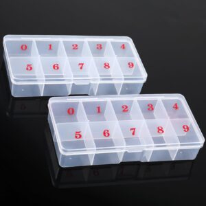 mozeat lens 2 pieces nail tip box plastic nail organizer storage boxes with 10 number spaces transparent false nail tip storage case container clear plastic grid box for fingernail crystal, jewelry