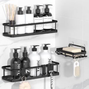 yasonic shower caddy adhesive, no drill bathroom shower organizers, with removable hooks and soap holder, rust proof shower shelves, wall-mounted shower holder, 3 pack, black