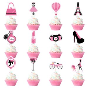 24 pcs pink paris princess theme cupcake toppers for girls birthday party handbag eiffel tower lipstick tie high heel cupcake decorations for bridal baby shower birthday wedding party supplies