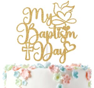 my baptism day cake topper, first holy communion, on your confirmation, bridal shower/wedding/baptism/christening baby shower party decorations, gold glitter