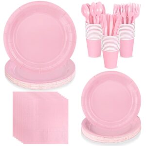 wnink 168pcs light pink paper plates and napkins,pink disposable plates set with pink utensils,pink party decorations for baby shower gender reveal women birthday party supplies serve 24 guests