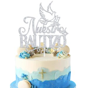 nuestro bautizo cake topper, spanish first holy communion christening baptism day decor, bridal shower/wedding/baptism/baby shower party decorations, silver glitter