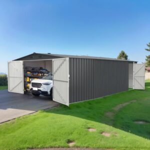 yehha 20 x 13 ft metal outdoor storage shed, oversize industrial garden shed with 2 doors and 4 vents, galvanized storage house for car, truck, bike, garbage can, tool, lawnmower, dark grey