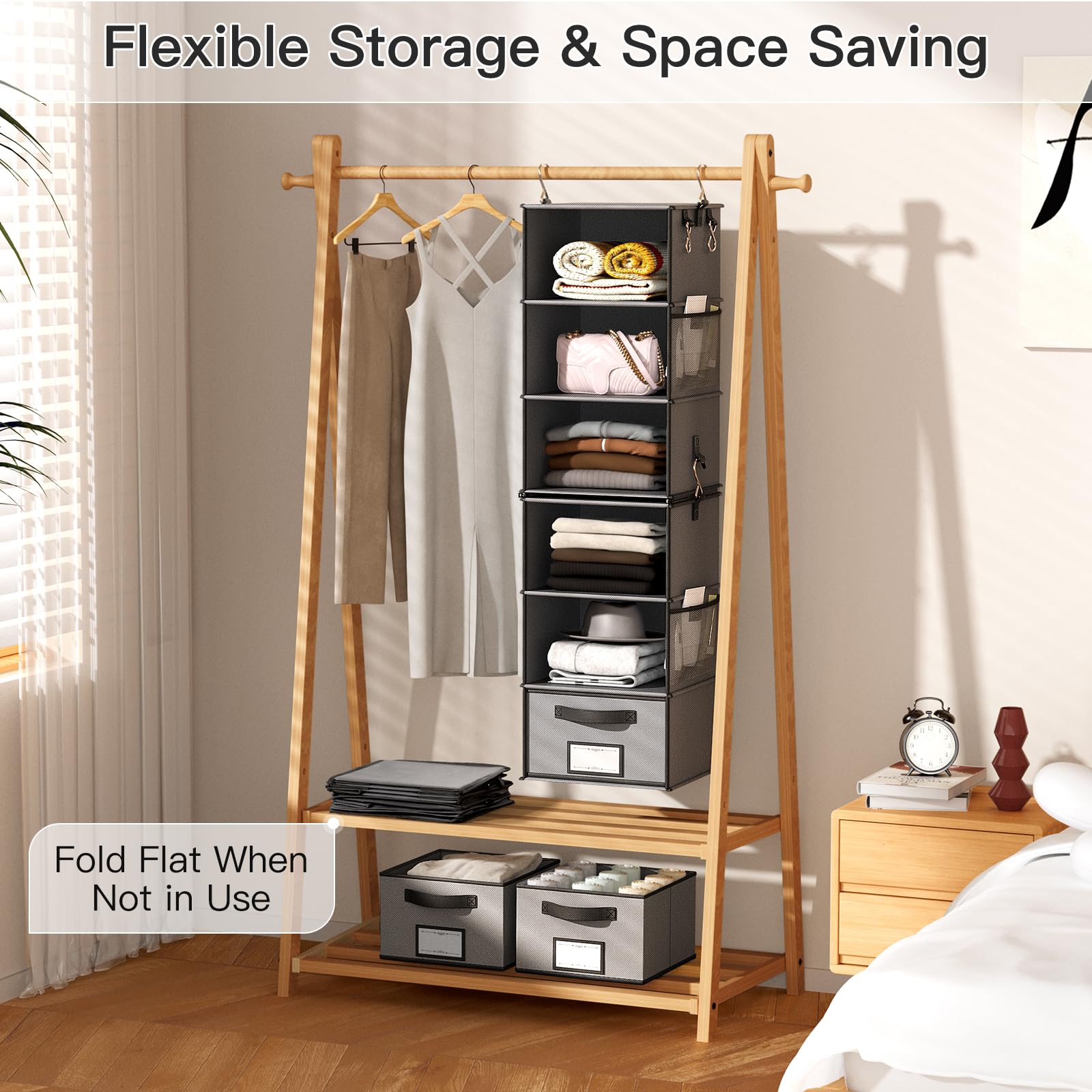 Uamector Hanging Closet Organizer 6 Shelves, Separable Closet Organization and Storage with Drawers & Side Pockets & Hook, Bedroom Wardrobe Clothes Organizer for Closet (Gray)