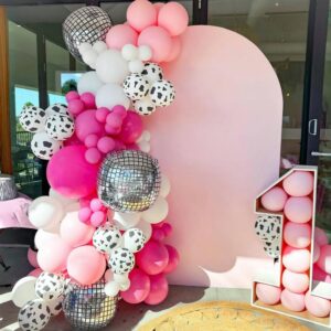 disco cowgirl party decoration, 102pcs rose pink cow print balloon arch kit with disco foil balloons, first rodeo western cow girl theme birthday bachelor party balloons garland farm party supplies