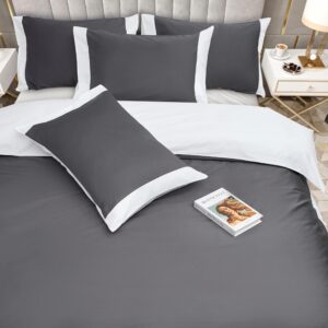 bedlovesoft 100% cotton double bed linen 5 pcs twin size | 4 pillowcases satin duvet cover linen - embroidery | ultra soft breathable and shrink free - grey, white bedding