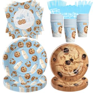 xigejob milk and cookies birthday party supplies - milk and cookies party decorations tableware, paper plate, cup, napkin, cutlery, chocolate chip cookies and milk baby shower decorations | serve 24