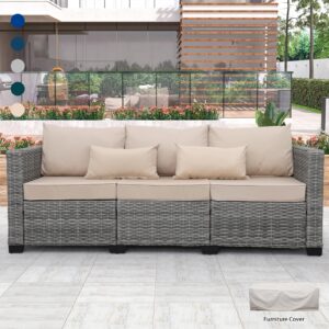 rattaner patio furniture 3-seat sofa grey wicker outdoor furniture outdoor couch deep seat hight backrest with waterproof cover, khaki anti-slip cushions