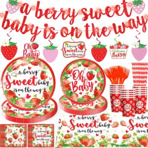 177 pcs strawberry baby shower decorations, berry sweet baby shower decorations a berry sweet baby is on the way banner tableware hanging swirls, berry sweet baby shower strawberry baby shower girl