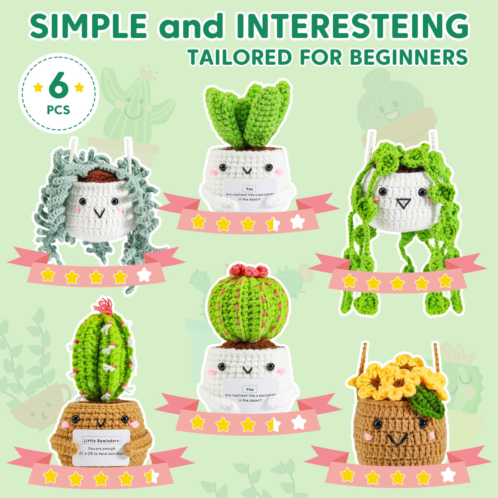 Imcrasy Crochet Kit | Crochet Kit for Beginners | Beginner Crochet Kit with Step by Step Video Lessons | 6 PC Potted Plants and Succulent Family Crochet Kit with Crochet Accessories(40%+ Yarn)