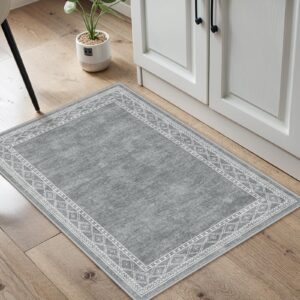 lahome modern bordered entryway rugs indoor- 2x3 kitchen rugs non slip washable ultra-thin soft small rug indoor door mat, throw carpet washable rugs for bathroom bedroom entry(2x3ft,grey)