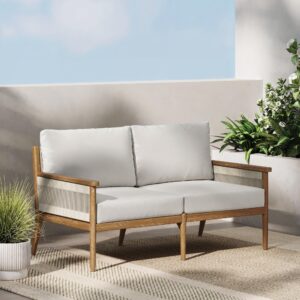 nathan james kayden bohemian wood loveseat sofa, upholstered outdoor seating with removable cushion covers, solid acacia wood frame, light brown