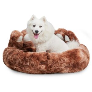 petart cute dog bed, fluffy cozy bear paw shape plush round cat bed for small, medium dogs & large cats,comfortable sleeping puppy cushion, ideal for indoor use（black&coffee,18inch