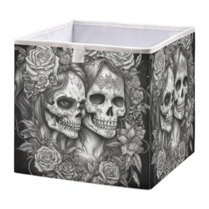 ymgqyj black white skulls floral collapsible storage cube, organizing basket with support board for shelf closet cabinet 15.7×10.6×6.9 in