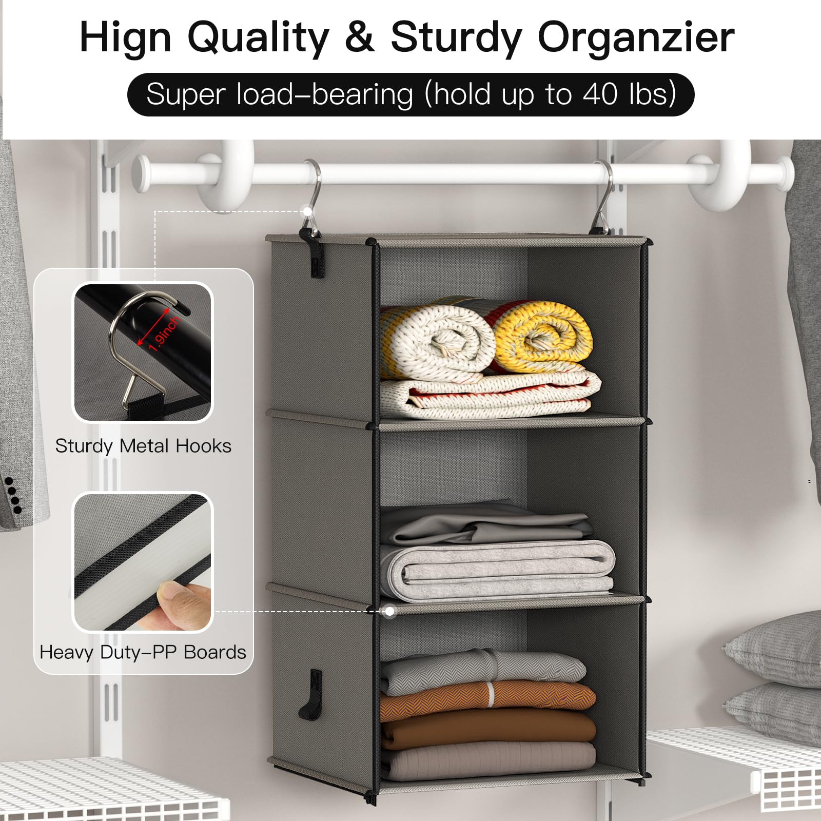 Uamector Hanging Closet Organizer 6 Shelves, Separable Closet Organization and Storage with Drawers & Side Pockets & Hook, Bedroom Wardrobe Clothes Organizer for Closet (Gray)