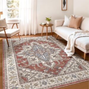 witshock boho area rugs machine washable for living room bedroom, large 5x7 vintage non-slip stain resistant floor carpet indoor for kitchen dining room office home decor, rust/lvory